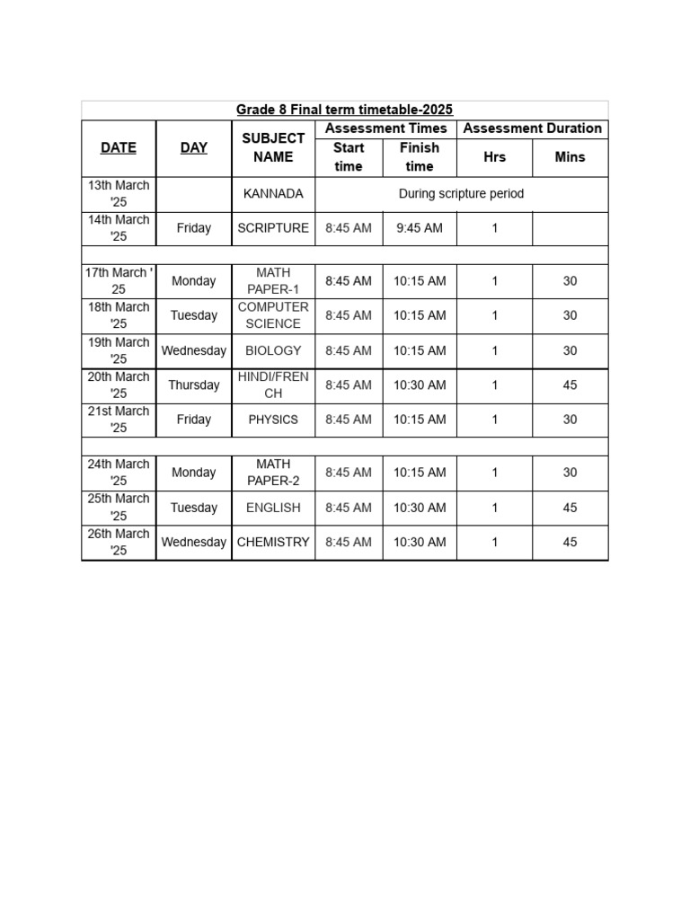 Grade 8 Term 2 Assessment Timetable | PDF