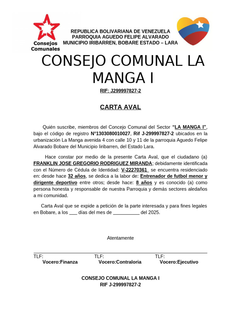 Modelo de Carta Aval Consejo Comunal | PDF
