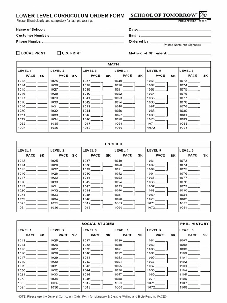 Lower Level Curriculum Order Form Fillable | PDF