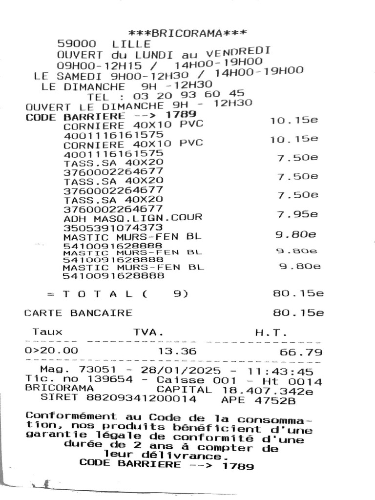 Tickets de Caisse Bricorama | PDF