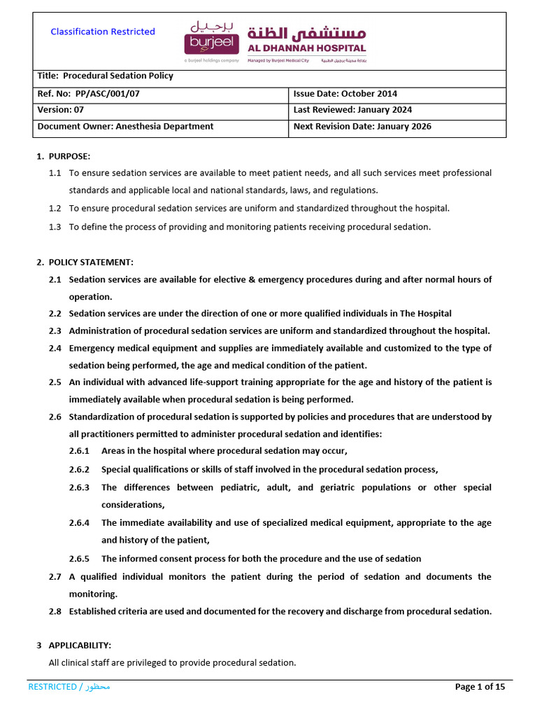 Procedural Sedation Standards Policy | PDF | Monitoring (Medicine ...