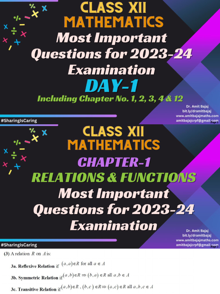 Xii Maths Day-1 (CH 1,2,3,4,12) Most Important Questions 2023-24 | PDF ...
