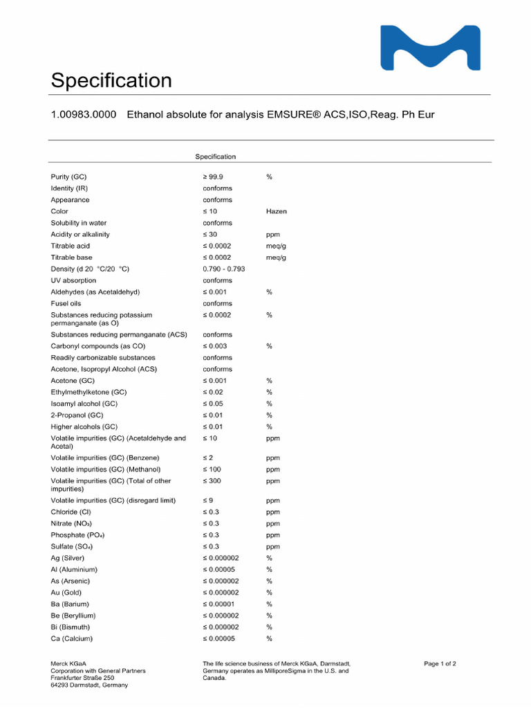 Ficha Tecnica Etanol Supelco 100983 | PDF