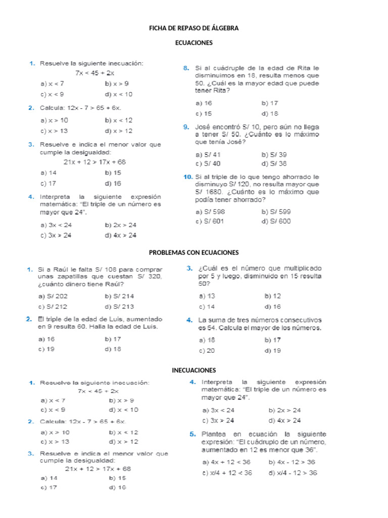 FICHA DE REPASO DE ÁLGEBRA III | PDF
