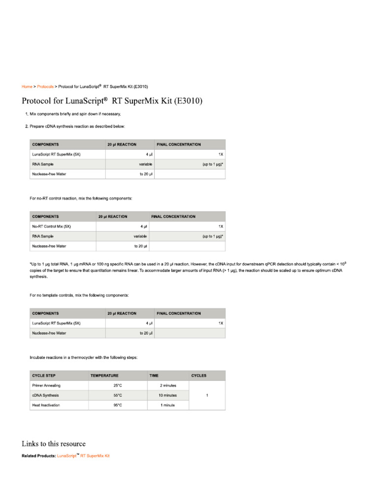 Protocol For LunaScript® RT SuperMix Kit (E3010) - NEB | PDF