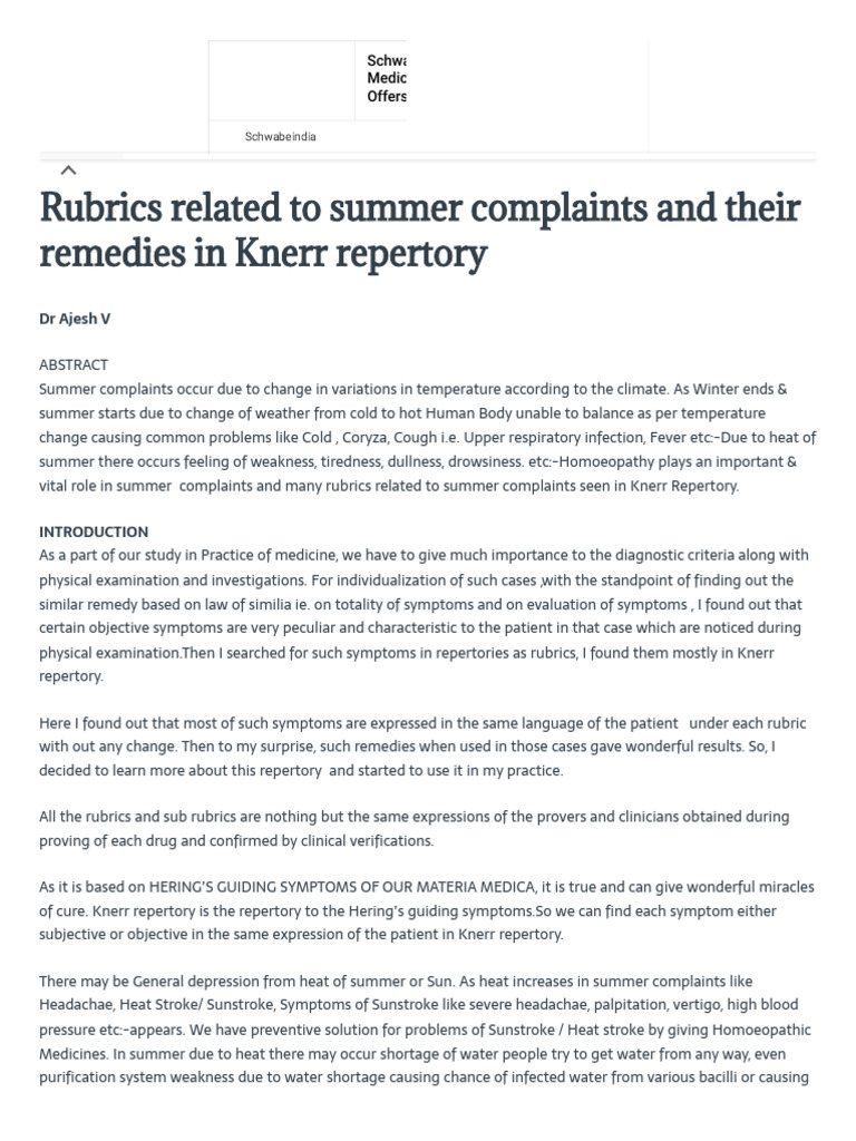 Rubrics Related To Summer Complaints and Their Remedies in Knerr | PDF ...