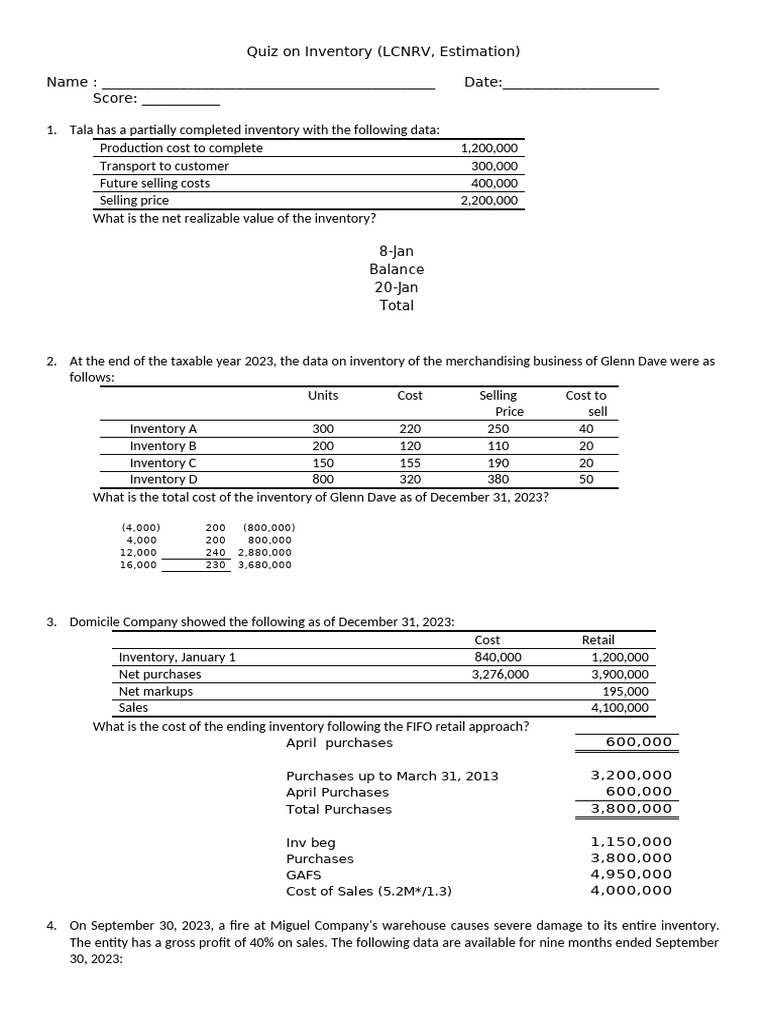 Quiz LCNRV Inventory Estimation W Answer | PDF | Inventory | Cost Of Goods Sold
