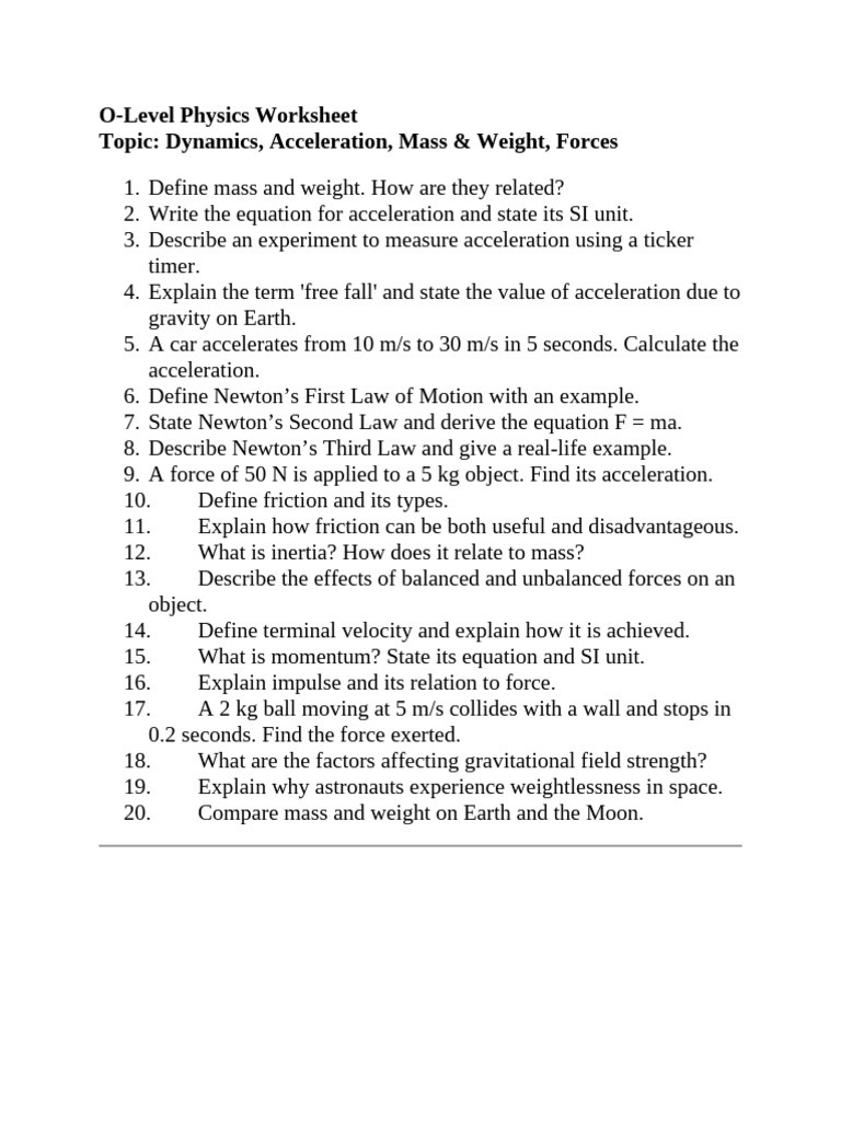 O-Level Physics: Dynamics & Forces Worksheet | PDF