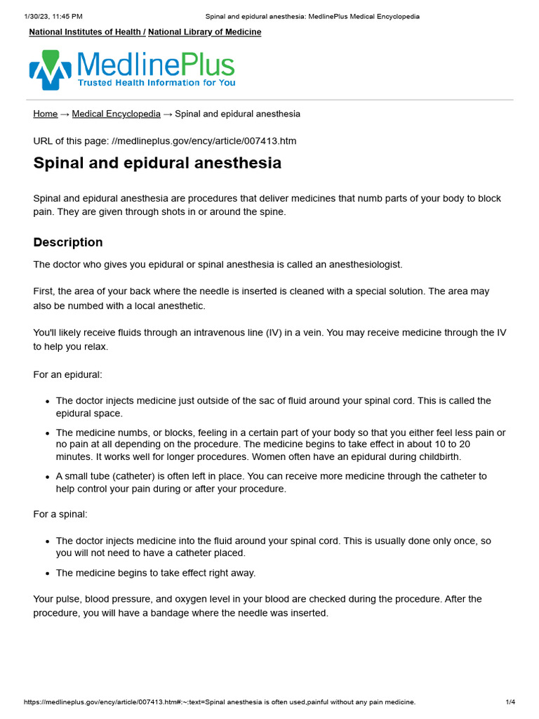 Spinal and Epidural Anesthesia - MedlinePlus Medical Encyclopedia | PDF ...