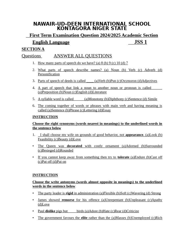 First Term Examination Question 2024/2025 Academic Section English ...