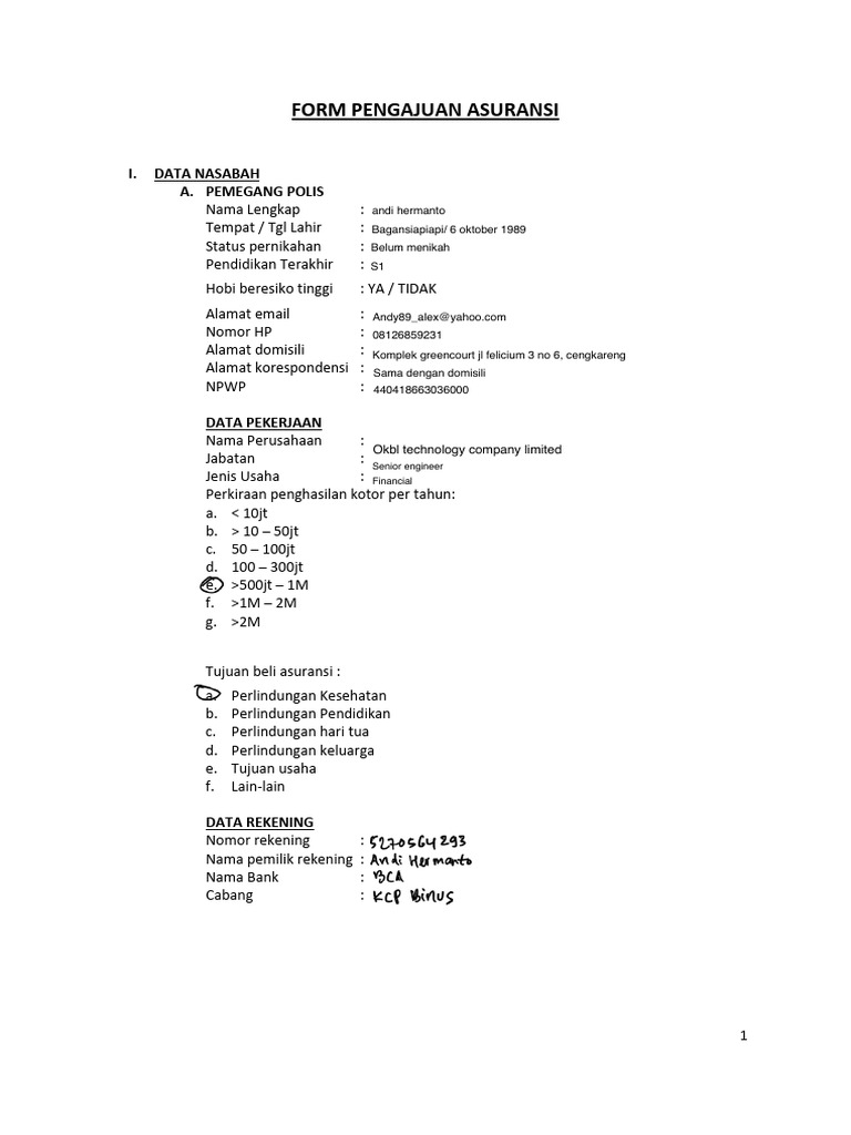 Formulir Pengajuan Asuransi Lengkap | PDF