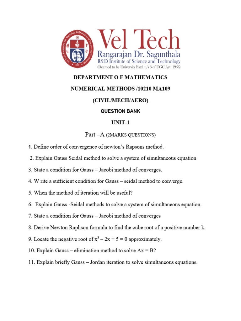Numerical Methods Question Bank | PDF | Partial Differential Equation ...