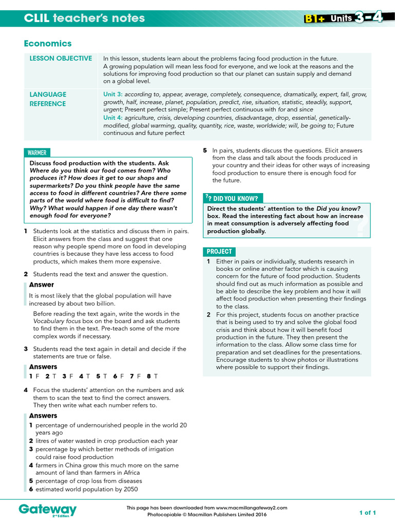 B1+ UNITS 3 and 4 CLIL Teacher's Notes | PDF | Food Industry | Agriculture