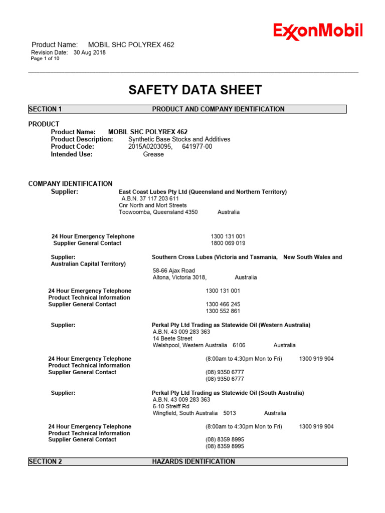 Mobil SHC Polyrex 462 Safety Data Sheet | PDF | Hazards | Safety