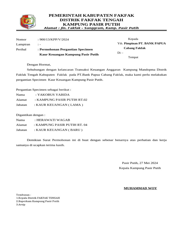Surat Specimen Pergantian Bendahara | PDF