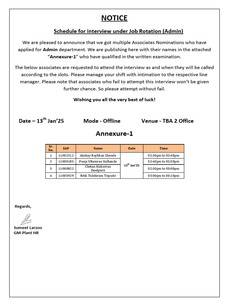 Admin Job Rotation Notice'Interview | PDF