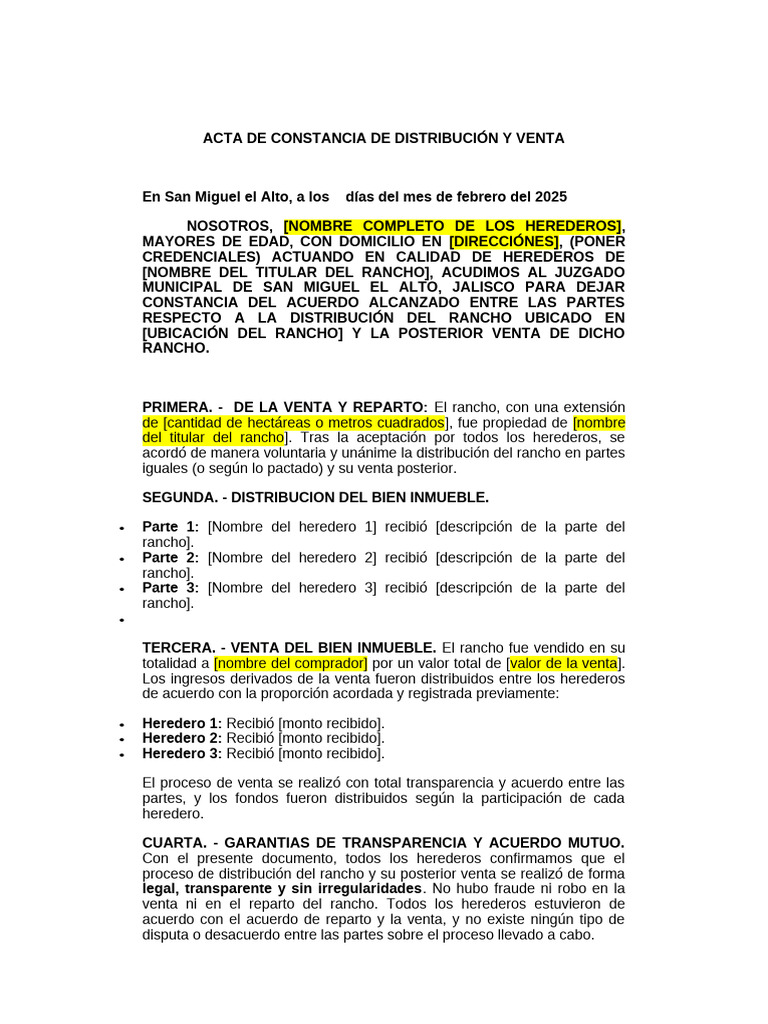 Acta de Venta y Distribución de Rancho | PDF