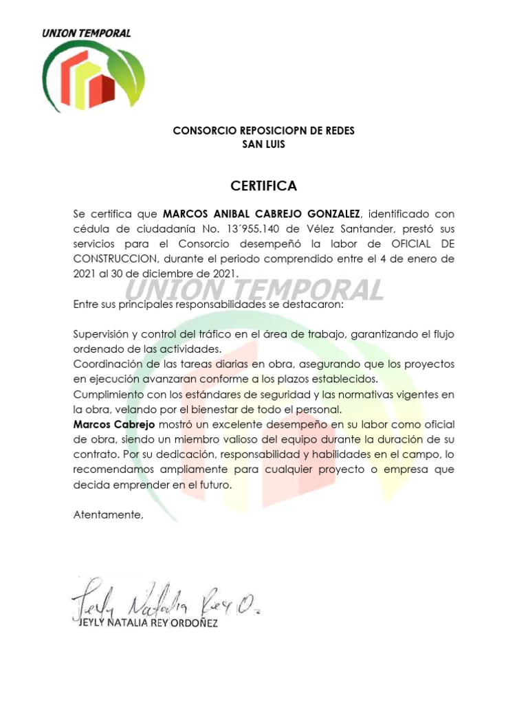 Certificacion UNION TEMPORAL | PDF