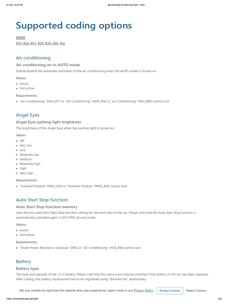 MINI R55-R61 Coding Options Guide | PDF | Light Emitting Diode | Remote Control