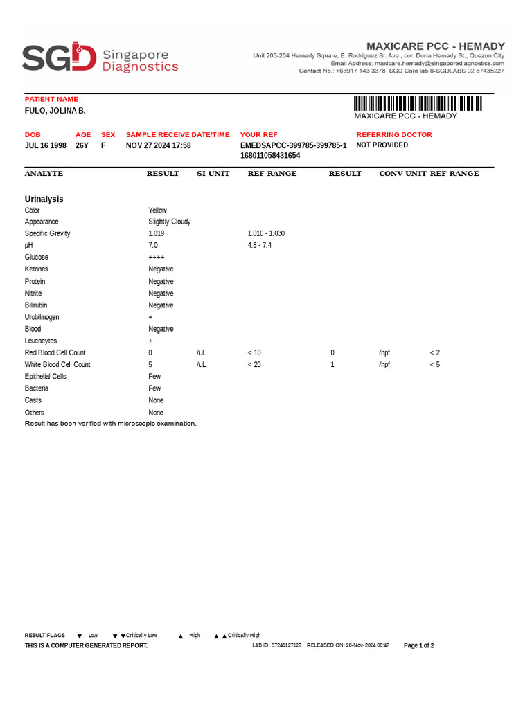 Urinalysis Report for Jolina Fulo | PDF | Blood | Body Fluids