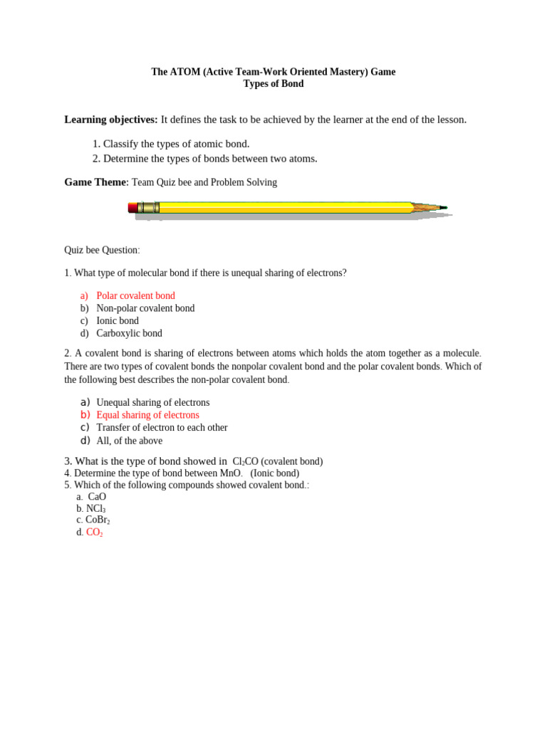 The ATOM GAME Types of Bond | PDF | Chemical Bond | Chemical Polarity