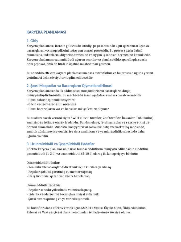 Karyera Planlamasi 3 Səhifə | PDF