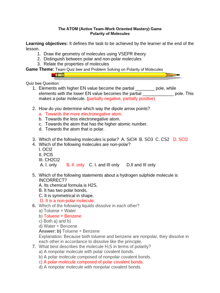 The ATOM GAME Polarity of Molecule 2 | PDF | Chemical Polarity ...