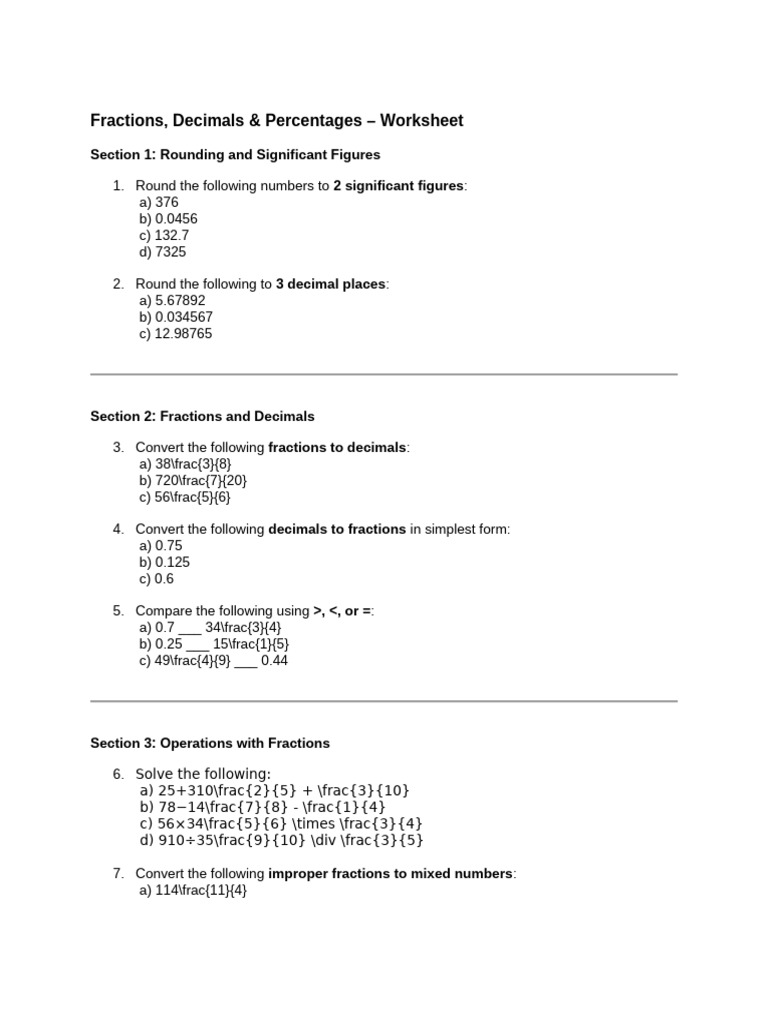 Fractions, Decimals & Percentages - Worksheet | PDF | Mathematical ...