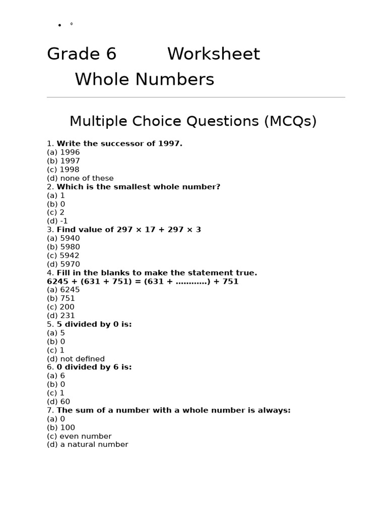 Grade 6 Whole Numbers MCQ Worksheet | PDF | Integer | Natural Number