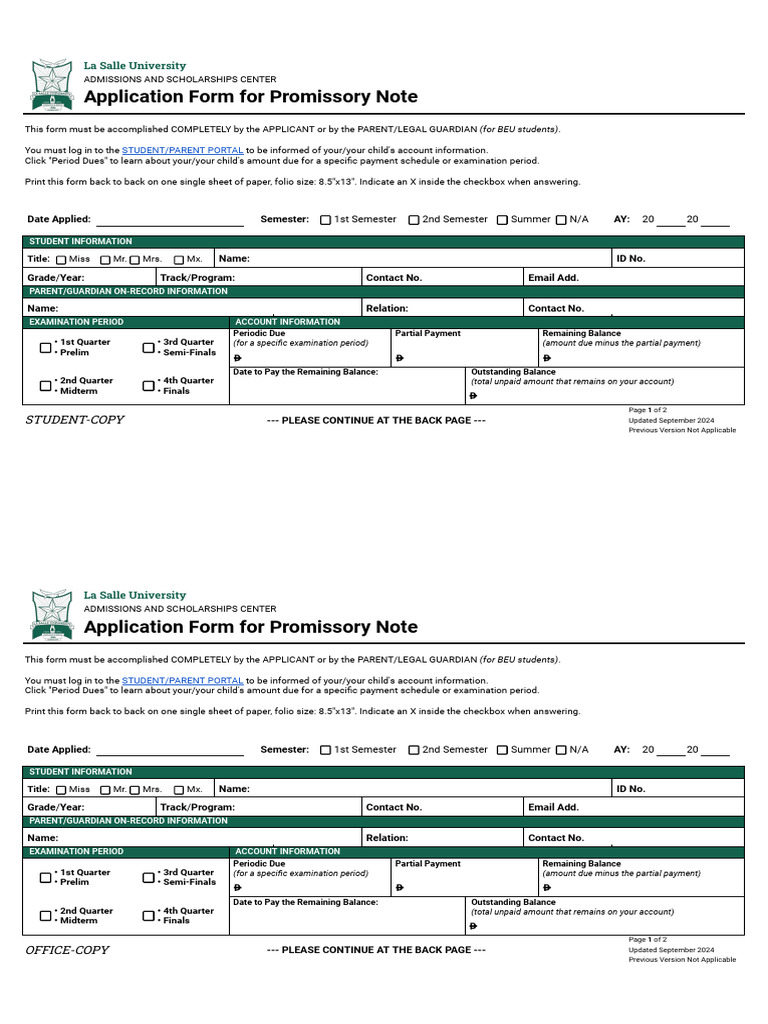 La Salle University Promissory Note Form | PDF | Student Financial Aid ...