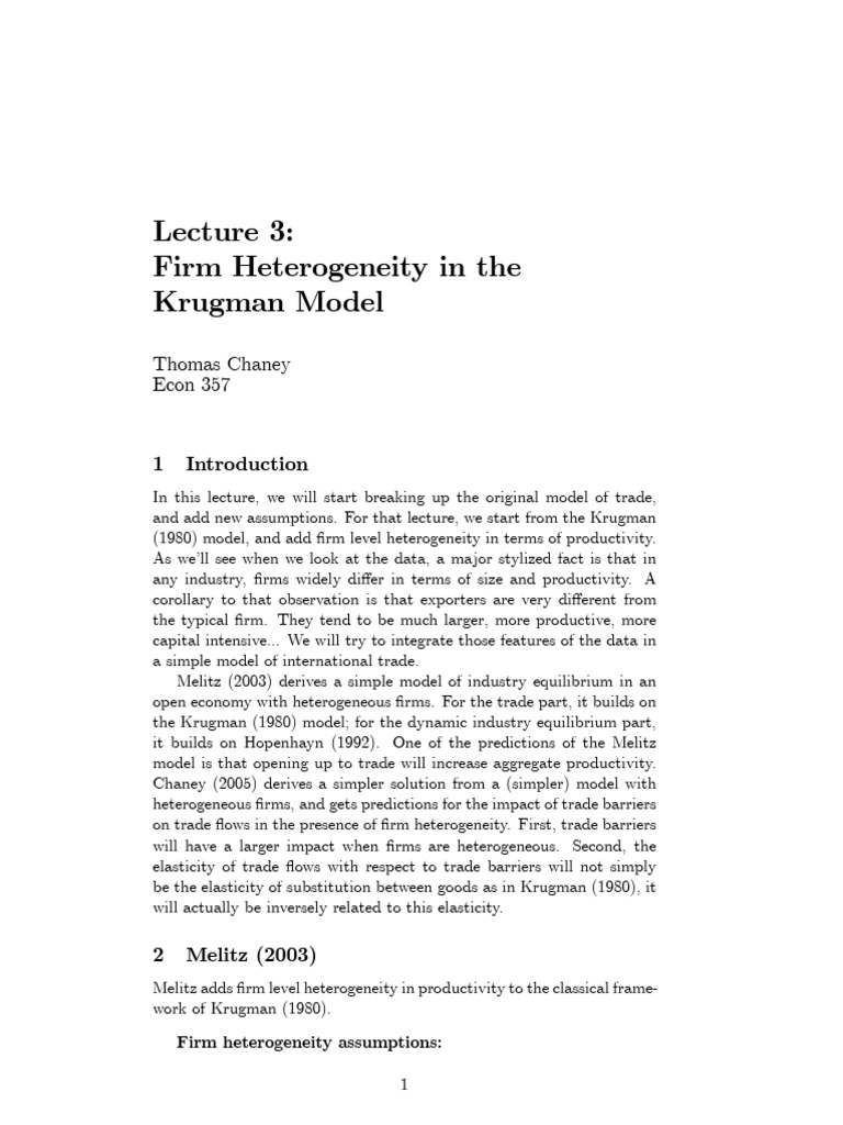 Firm Heterogeneity in Krugman Model | PDF | Profit (Economics) | Labour ...
