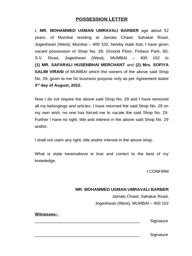 Possession Letter | PDF