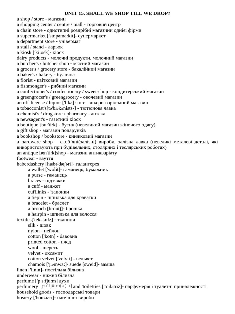Vocabulary - Unit 15 - Shopping | PDF