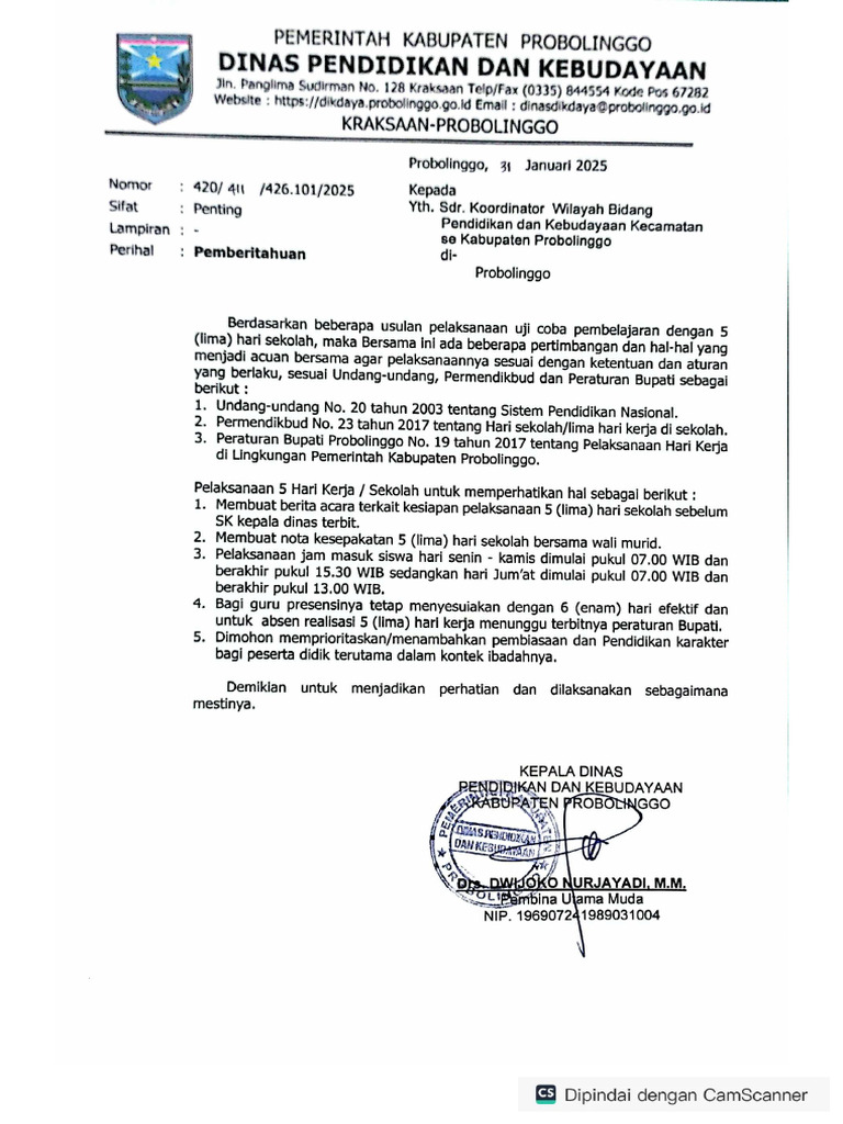 Pemberitahuan 5 Hari Sekolah | PDF