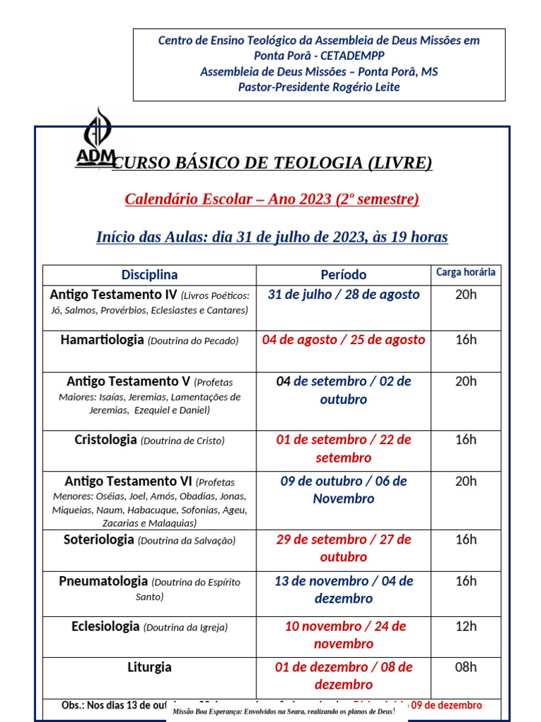 Calendário 2023 Segundo Semestre | PDF
