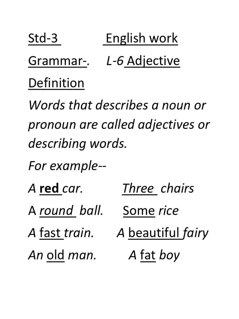 Std-3 English Work Grammar-Adjective | PDF