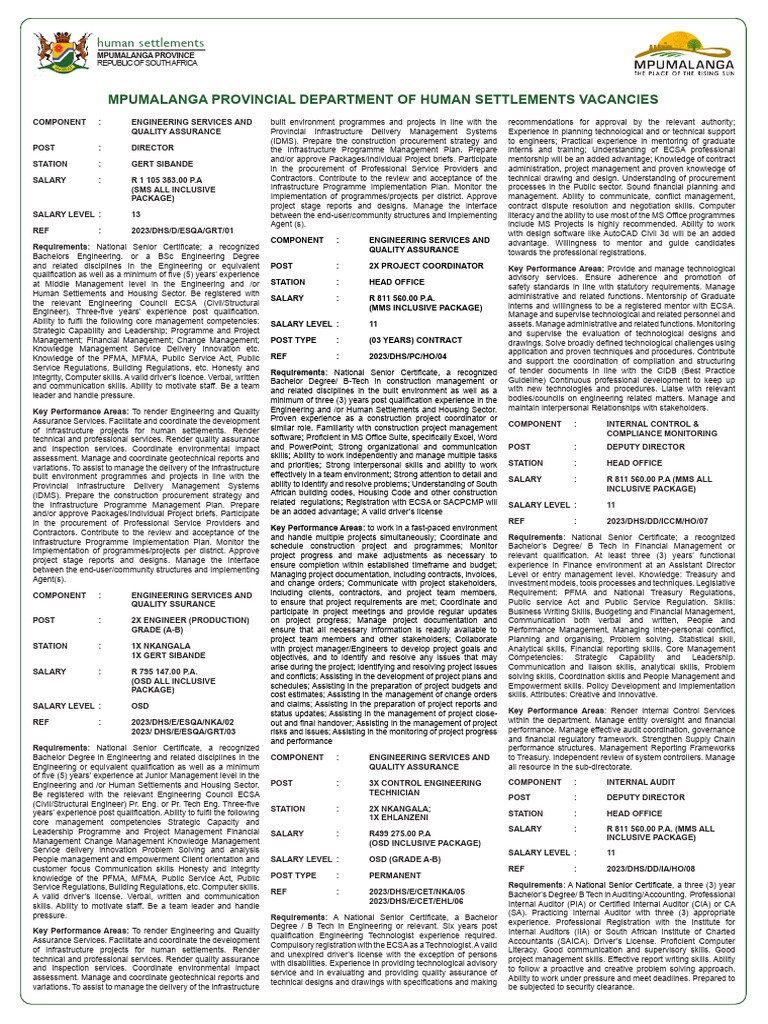 DEPARTMENT OF HUMAN SETTLEMENTS VACANCIES duties for jobs | PDF ...