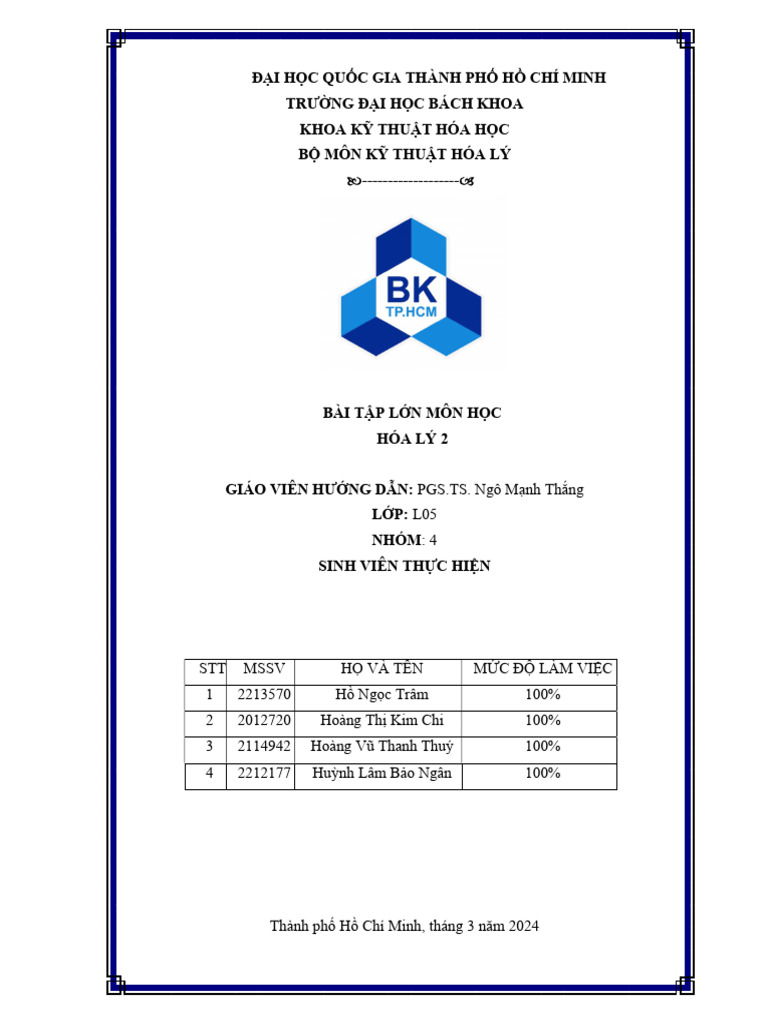 BTL Hoá Lý 2 - L P L05 - Nhóm 04 | PDF