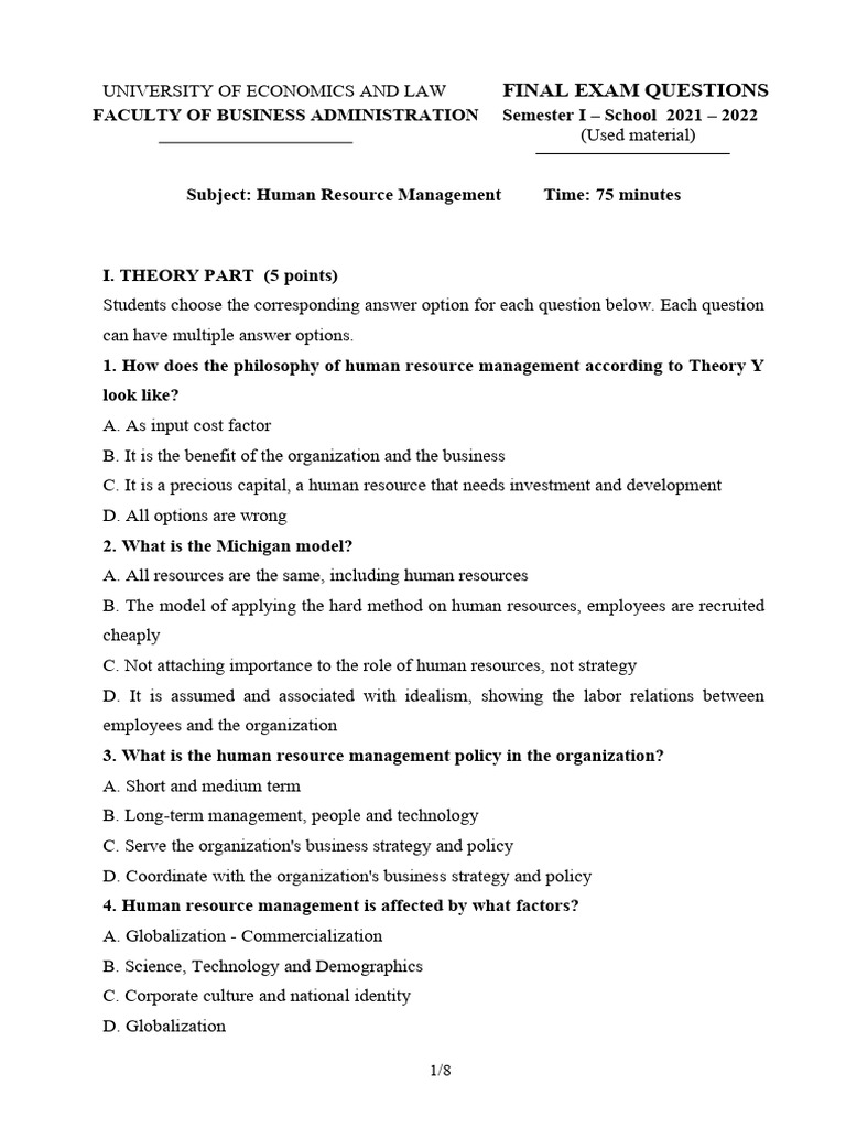 Human Resource Management Exam Questions | PDF | Employment | Human ...