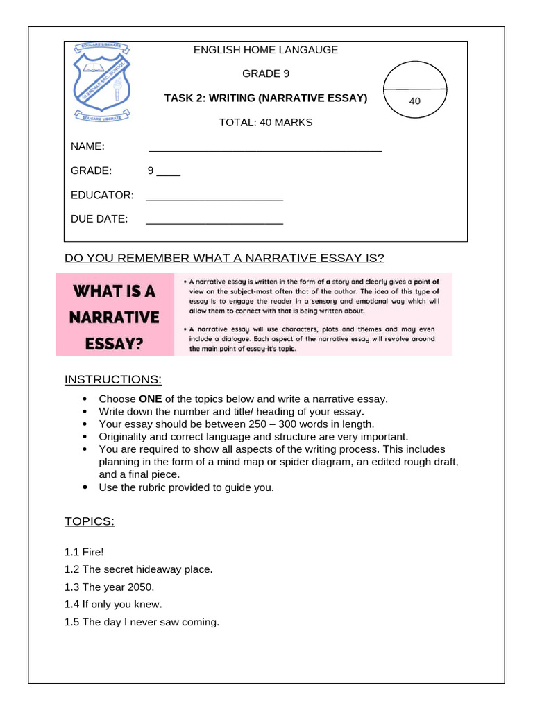 Narrative Essay Writing Guide for Grade 9 | PDF