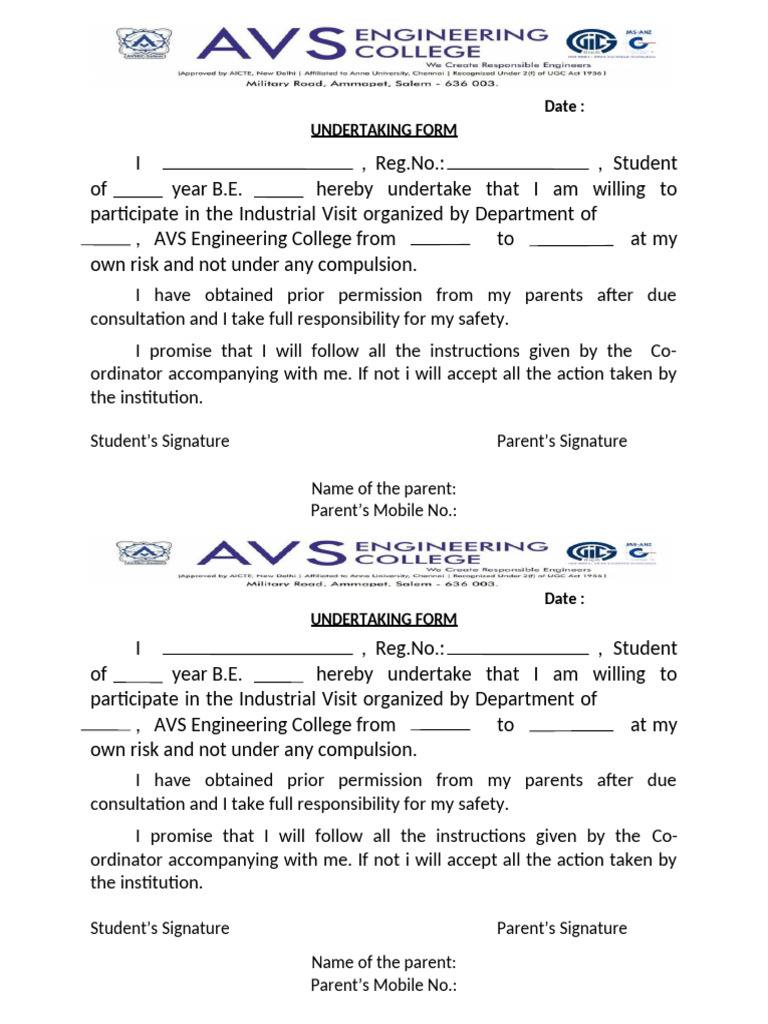 Parent declaration (Industrial) IV - Undertaking Form - 24.2.25 | PDF