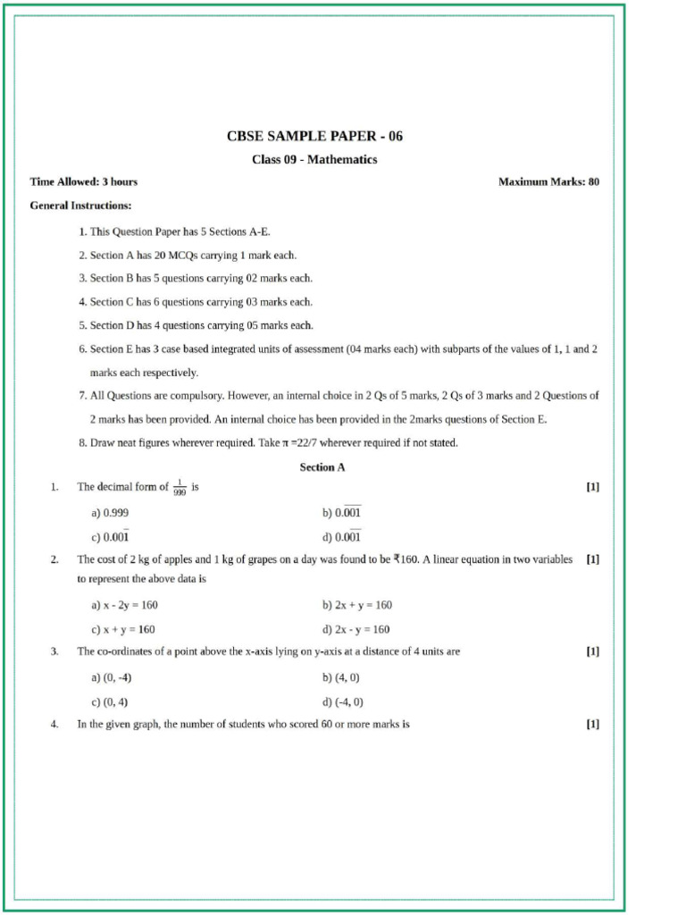 IX STD Math Sample Paper 2024-251739356910 | PDF