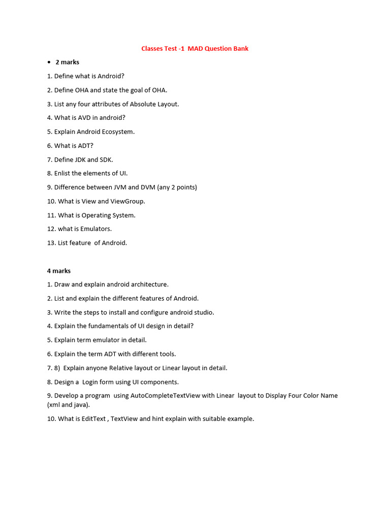 Classes Test - 1 MAD Question Bank | PDF