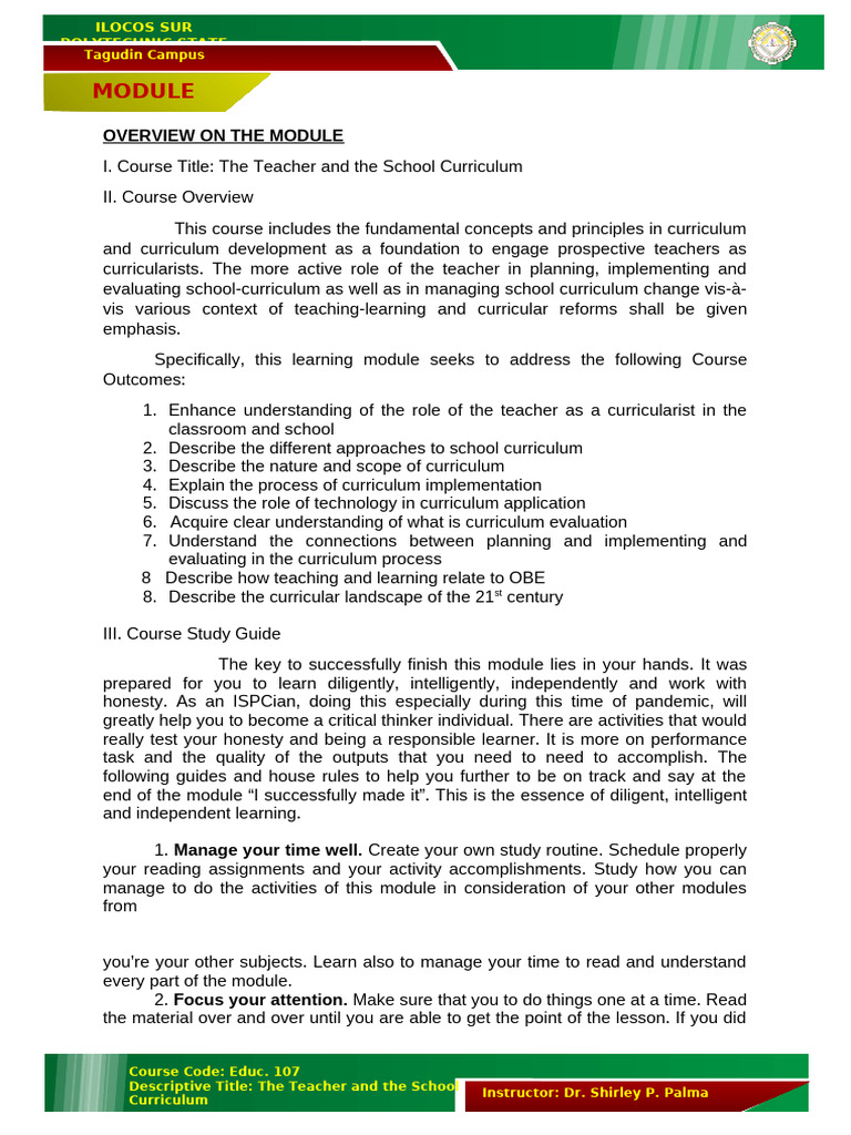 Overview Module 1 Lesson1 | PDF | Curriculum | Teachers