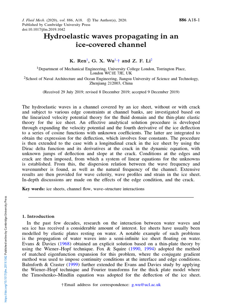 Ren Li 2020 JFM Div Class Title Hydroelastic Waves Propagating in an Ice Covered Channel Div ...