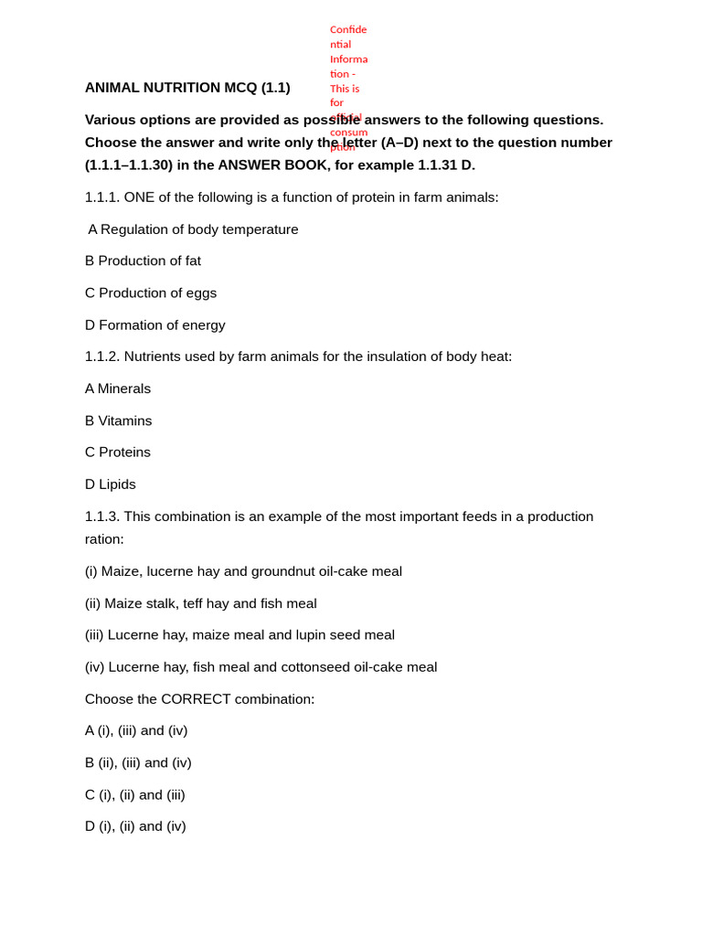 Animal Nutrition Multiple Choice (1.1) | PDF | Digestion | Ruminant