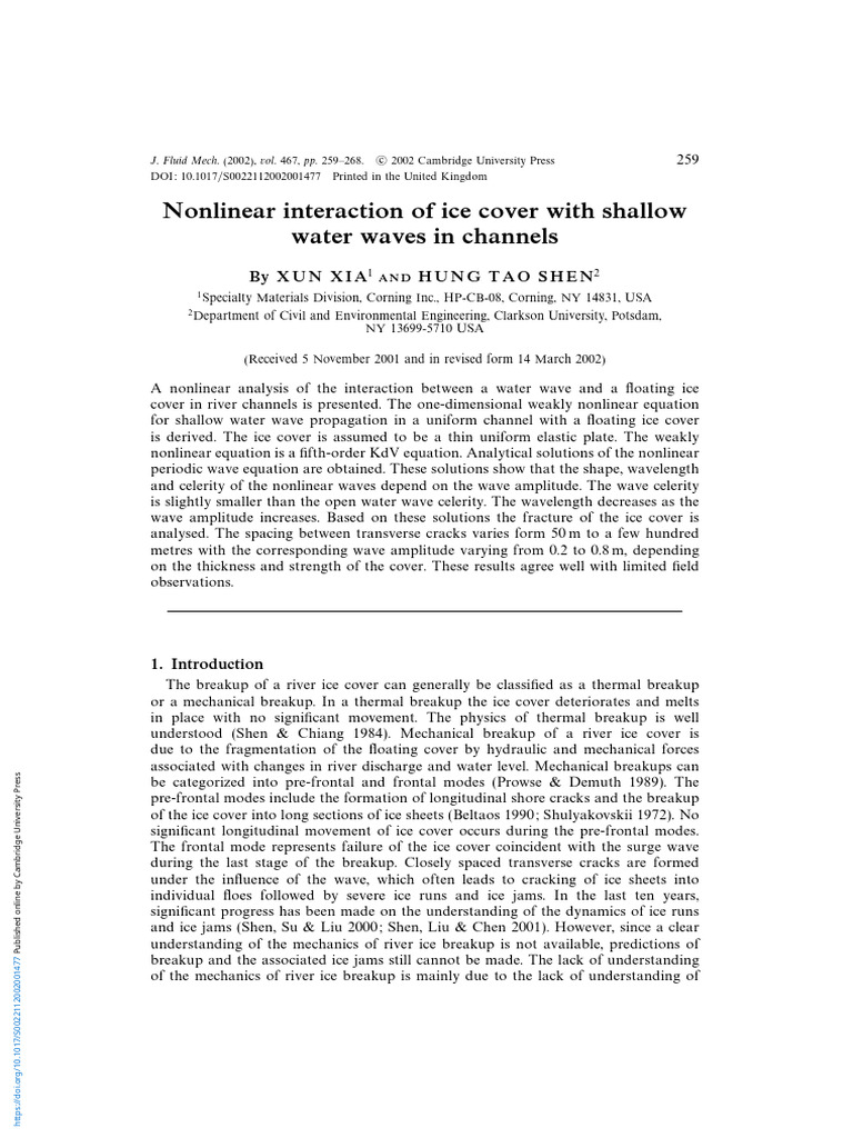 Xia Shen 2002 JFM Nonlinear Interaction of Ice Cover With Shallow Water ...