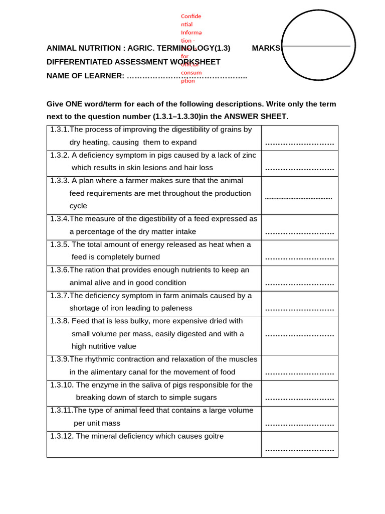Animal Nutrition Agric Terminology Worksheet | PDF | Digestion | Biology