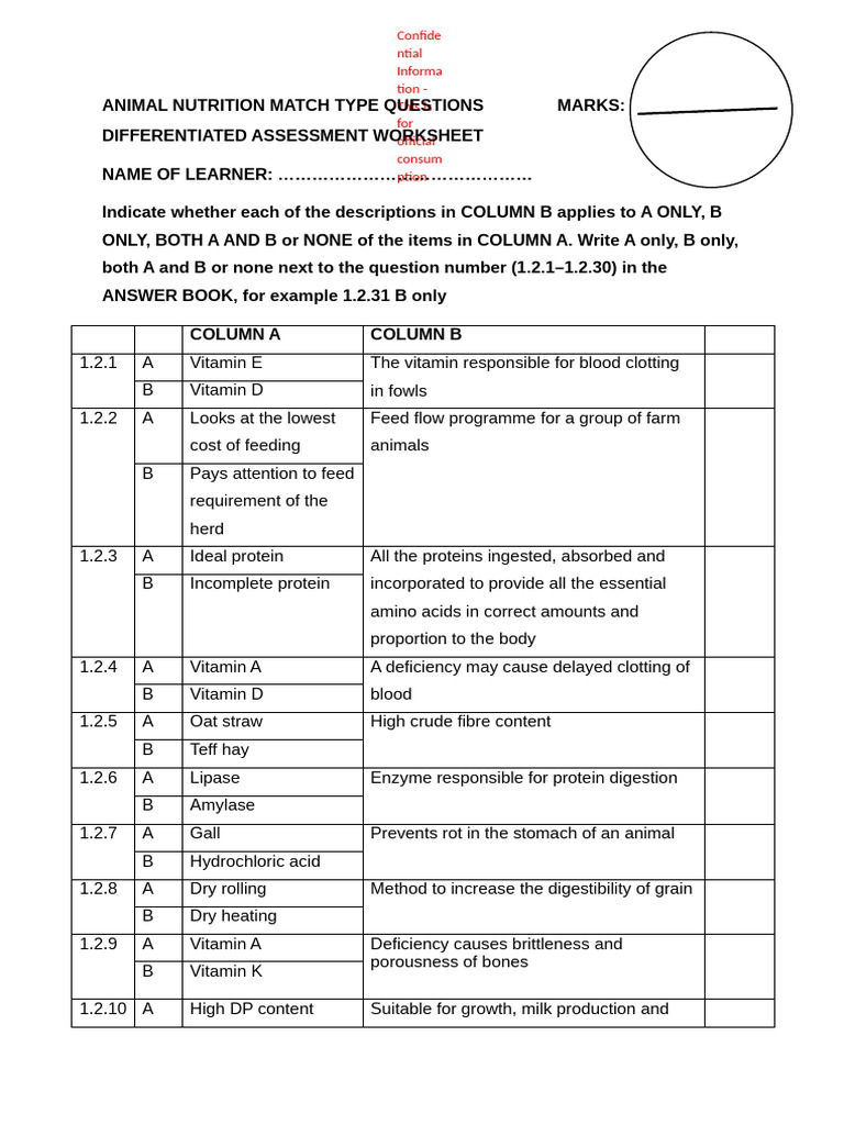 Animal Nutrition Match Questions Worksheet (1.2) | PDF | Nutrients ...