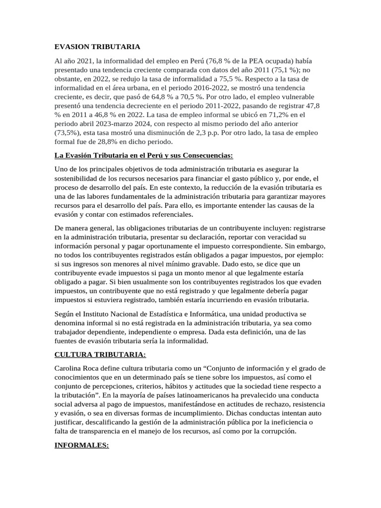 Evasión Tributaria en Perú: Causas y Consecuencias | PDF | Evasión de ...